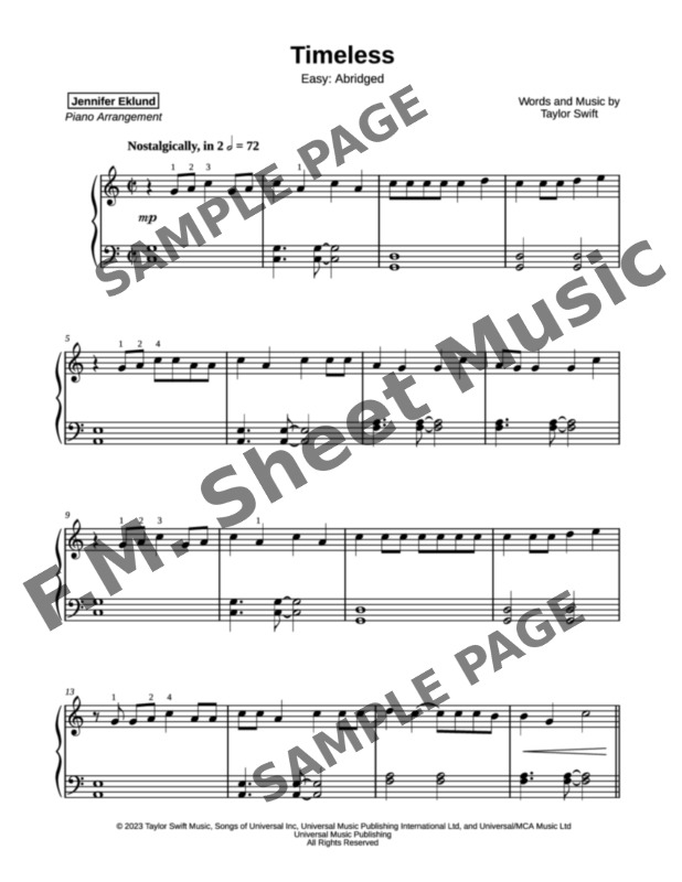 Timeless (Easy Piano) By Taylor Swift - F.M. Sheet Music - Pop ...