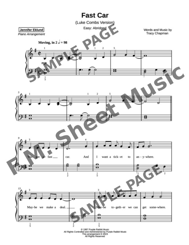 Fast Car (Luke Combs Version) (Easy Piano) By Luke Combs, Tracy Chapman ...
