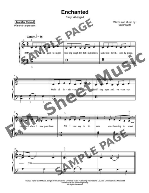 Enchanted (Easy Piano) By Taylor Swift - F.M. Sheet Music - Pop ...