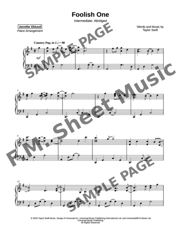 Foolish One (Intermediate Piano) By Taylor Swift - F.M. Sheet Music ...
