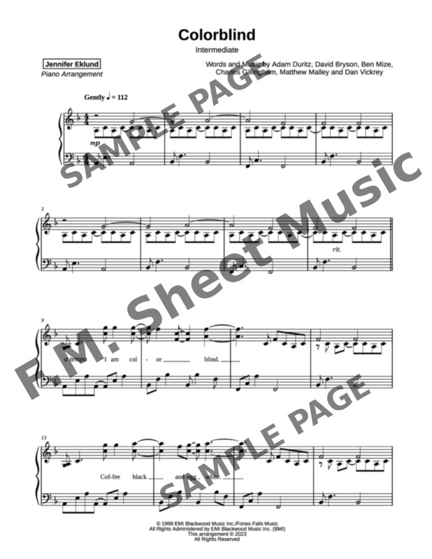 Colorblind (Intermediate Piano) By Counting Crows - F.M. Sheet Music ...