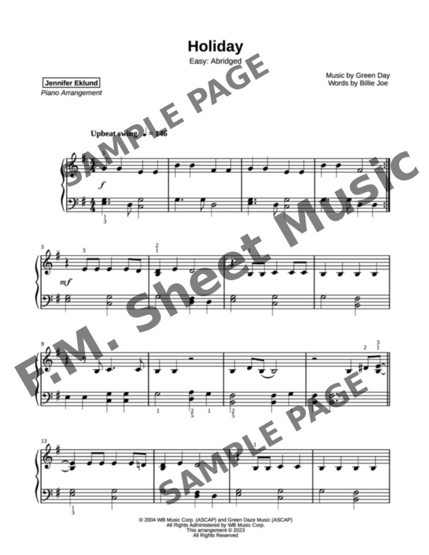 Holiday (Easy Piano) By Green Day - F.M. Sheet Music - Pop Arrangements ...