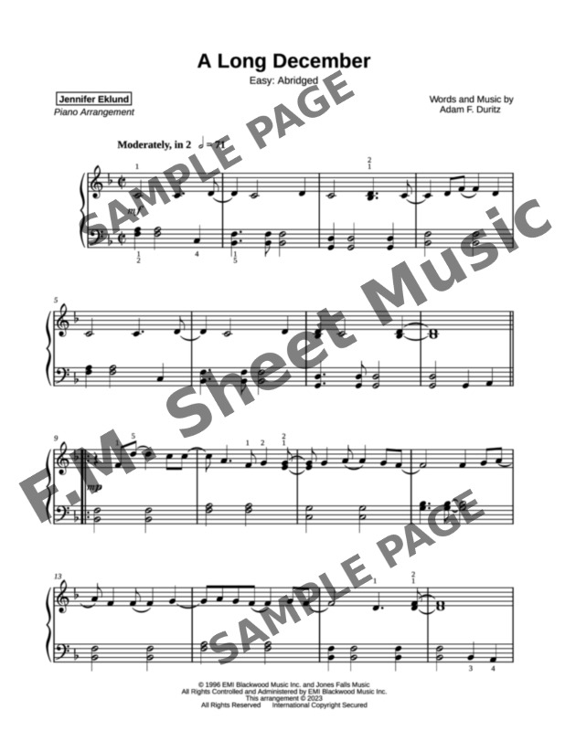 A Long December (Easy Piano) By Counting Crows - F.M. Sheet Music - Pop ...