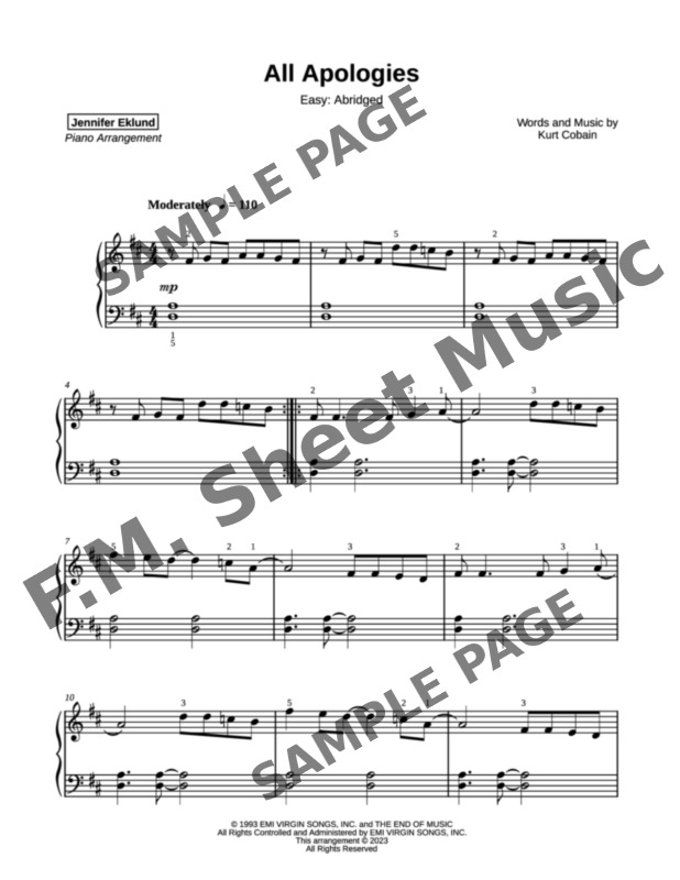 All Apologies (Easy Piano) By Nirvana - F.M. Sheet Music - Pop ...