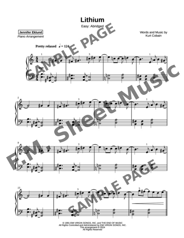 Lithium (Easy Piano) By Nirvana - F.M. Sheet Music - Pop Arrangements ...