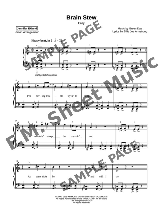 Brain Stew (Easy) By Green Day - F.M. Sheet Music - Pop Arrangements by ...