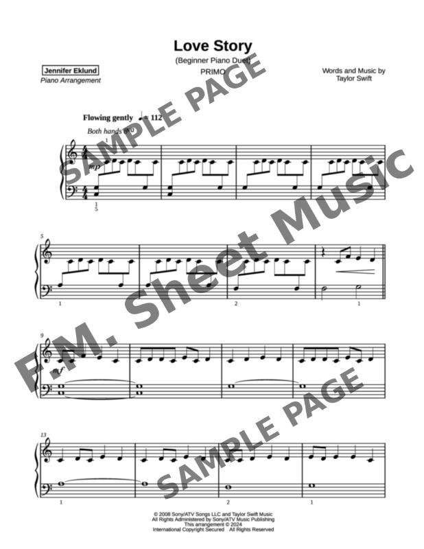 Love Story (Easy Piano Duet) By Taylor Swift - F.M. Sheet Music - Pop ...
