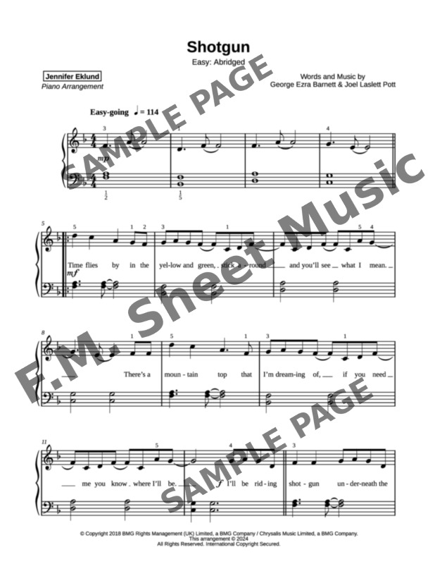 Shotgun (Easy Piano) By George Ezra - F.M. Sheet Music - Pop ...