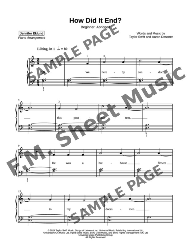 How Did It End? (for Beginners) By Taylor Swift - F.M. Sheet Music ...
