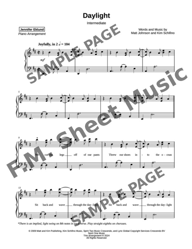 Daylight (Intermediate Piano) By Matt and Kim - F.M. Sheet Music - Pop ...