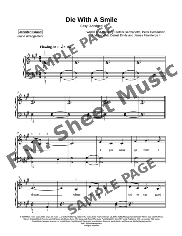 Die with a Smile (Easy Piano: Abridged) By Lady Gaga, Bruno Mars - F.M ...