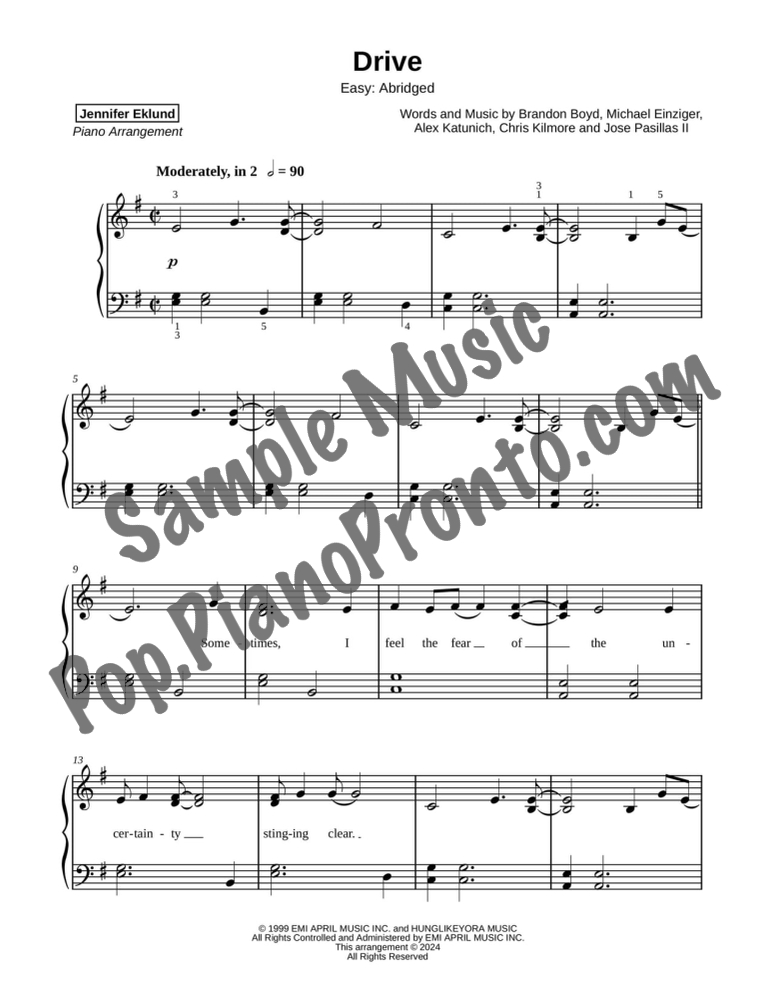 Drive (Easy Piano) By Incubus - F.M. Sheet Music - Pop Arrangements by ...