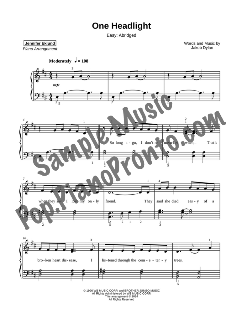 One Headlight (Easy Piano) By The Wallflowers - F.M. Sheet Music - Pop ...