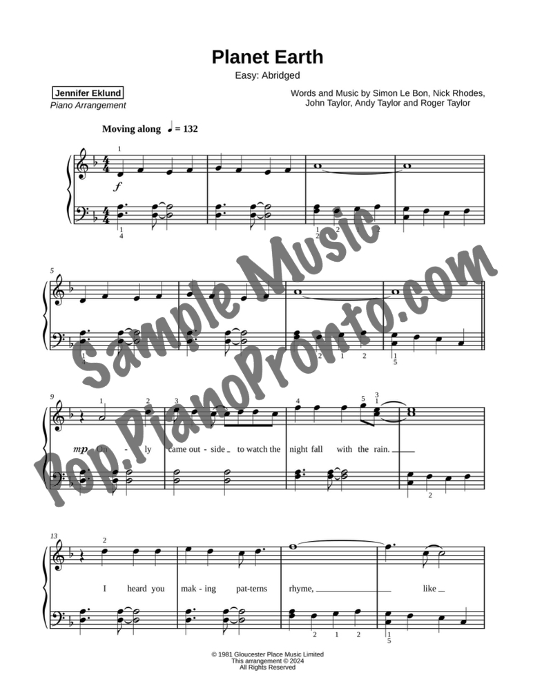 Planet Earth (Easy Piano) By Duran Duran - F.M. Sheet Music - Pop ...