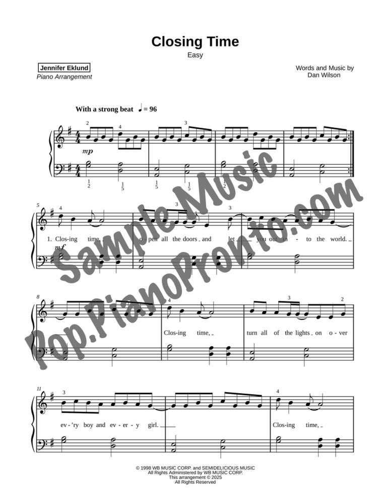 Closing Time (Easy Piano) By Semisonic - F.M. Sheet Music - Pop ...