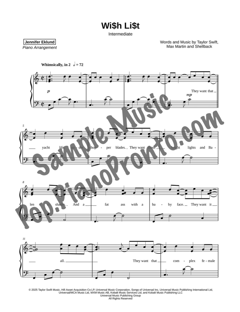Wish List (Intermediate Piano) By Taylor Swift - F.M. Sheet Music - Pop ...